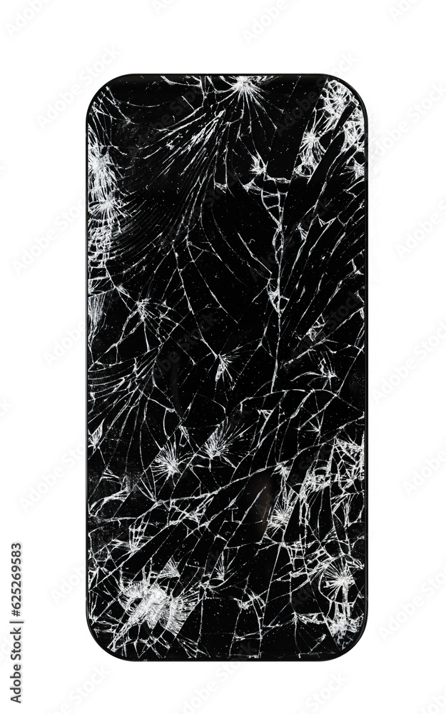 Black broken touch screen phone with cracked screen on a transparent ...