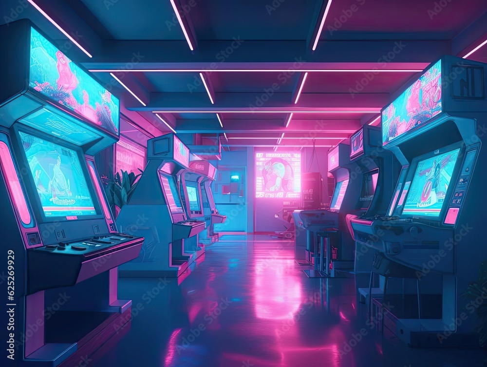 In a dazzling display of neon lights, the futuristic arcade emanates a ...