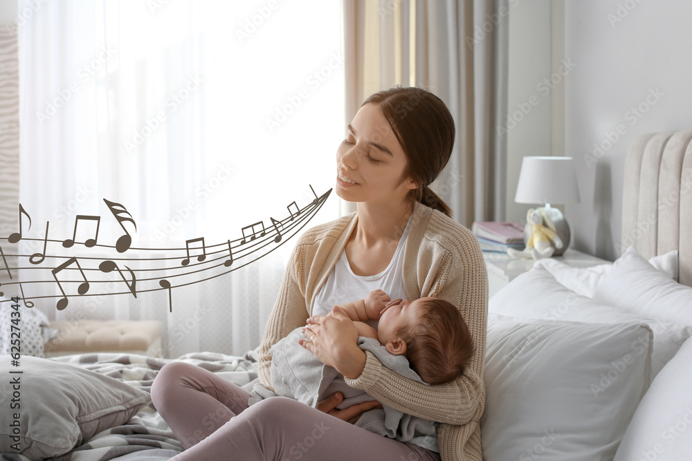 Mother singing lullaby to her sleepy baby at home. Illustration of ...