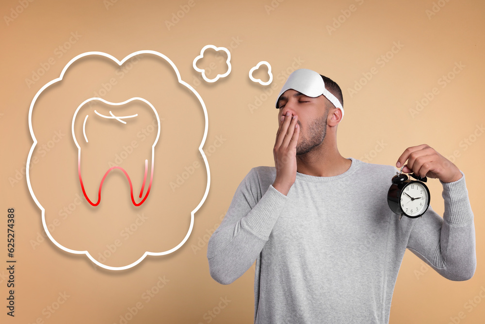 Insomnia. Man with blindfold can`t falling asleep because of toothache ...
