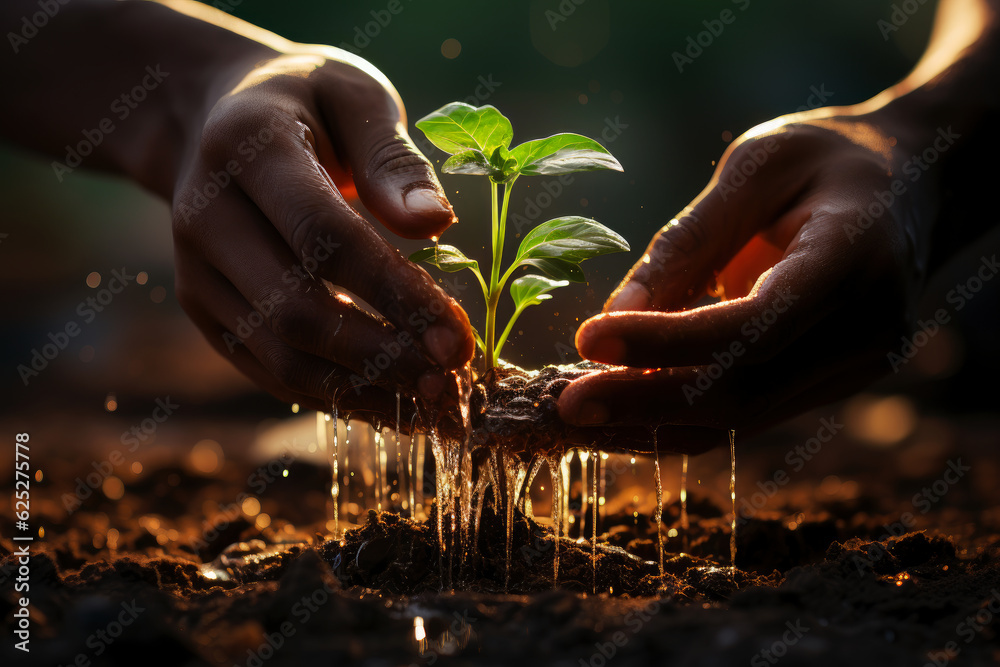 Human hands planting a small seedling in the ground closeup, a green ...