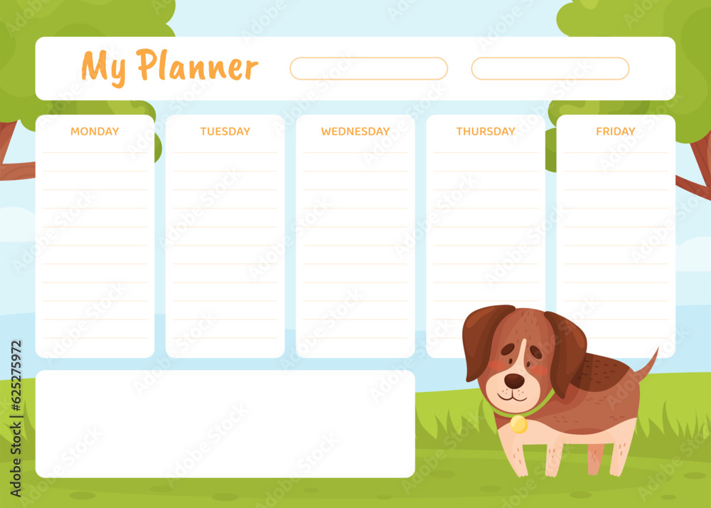 Cartoon Dog Character Planner with Day Column and Note Frame Vector ...