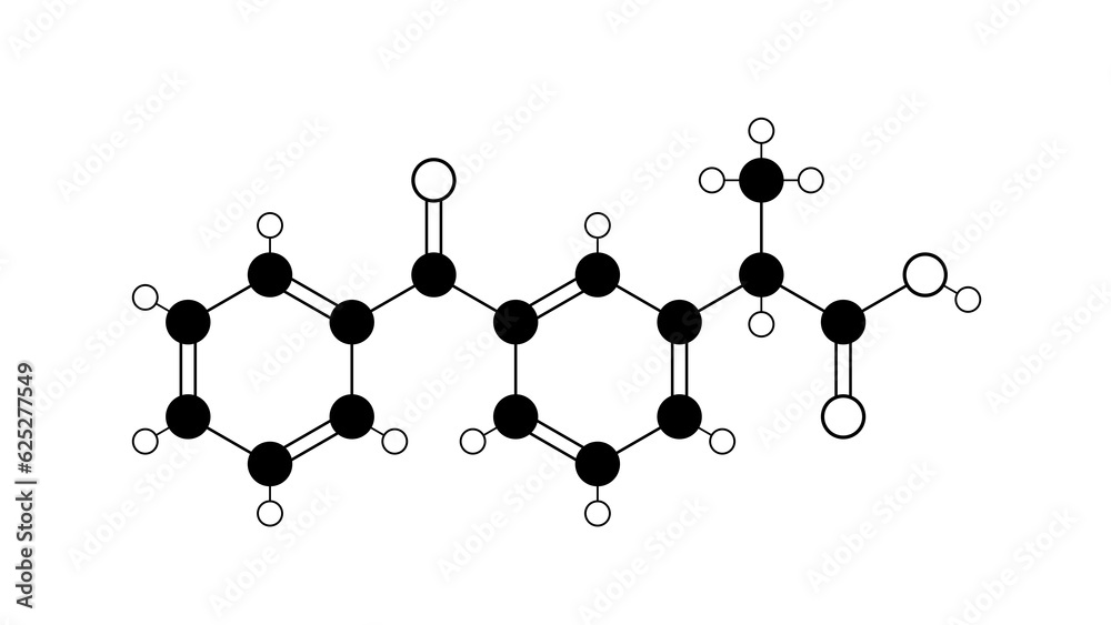 ketoprofen molecule, structural chemical formula, ball-and-stick model ...