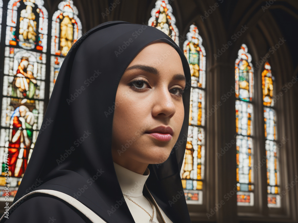 Digital portrait of a young beautiful humble woman in front of a ...