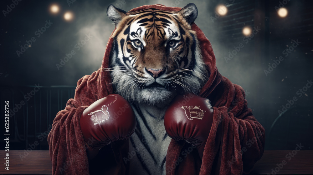 Tiger in a boxing robe and gloves, poised in a boxing ring. Generative ...