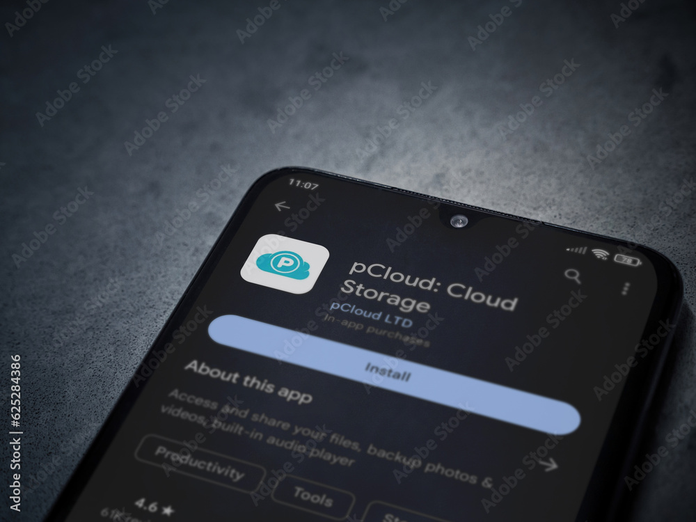 Lod, Israel - July 16,2023: pCloud app play store page on smartphone on a dark marble stone ...