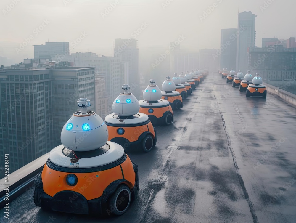 In a bustling metropolis, a squadron of sleek robots equipped with ...