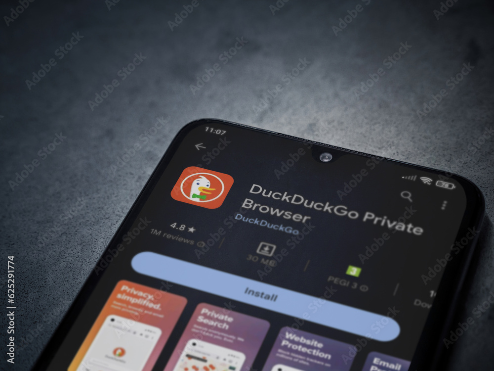 DuckDuckGo Private Browser app play store page on smartphone on a dark ...