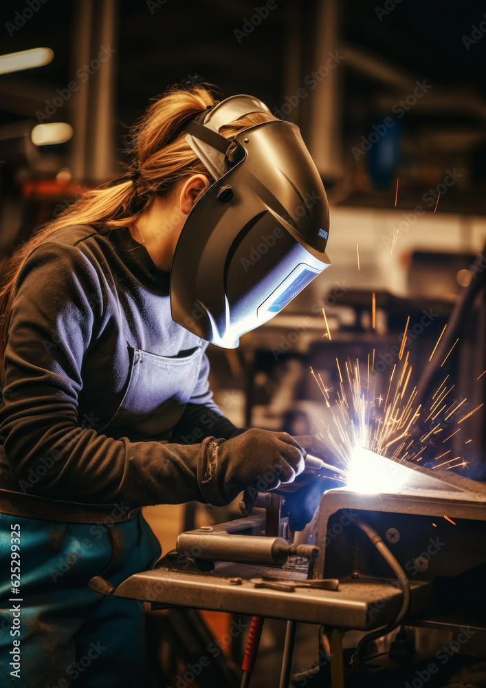 Woman in welding helmet working on piece of metal in workshop, sparks ...