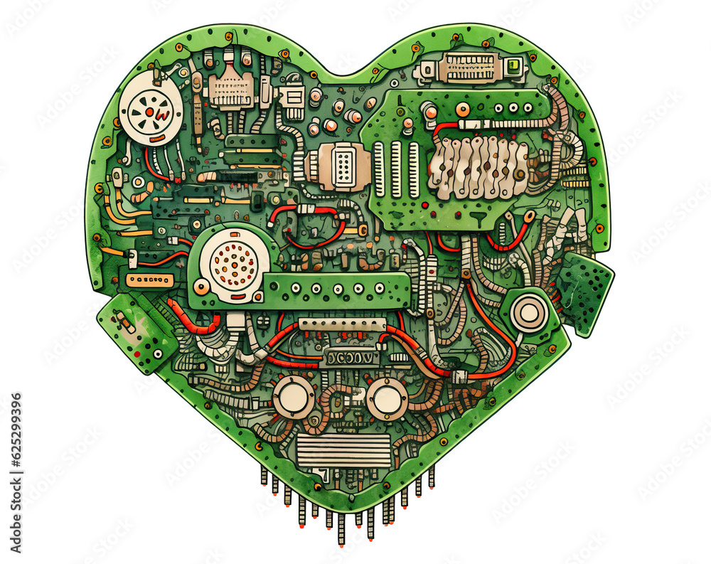 Heart-shaped electronic device with complex circuitry, fusion of human ...