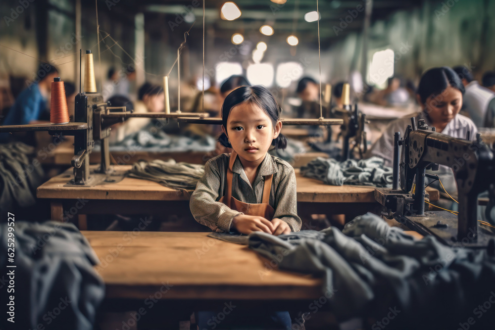 Small Asian girl portrait with blurred textile factory background ...