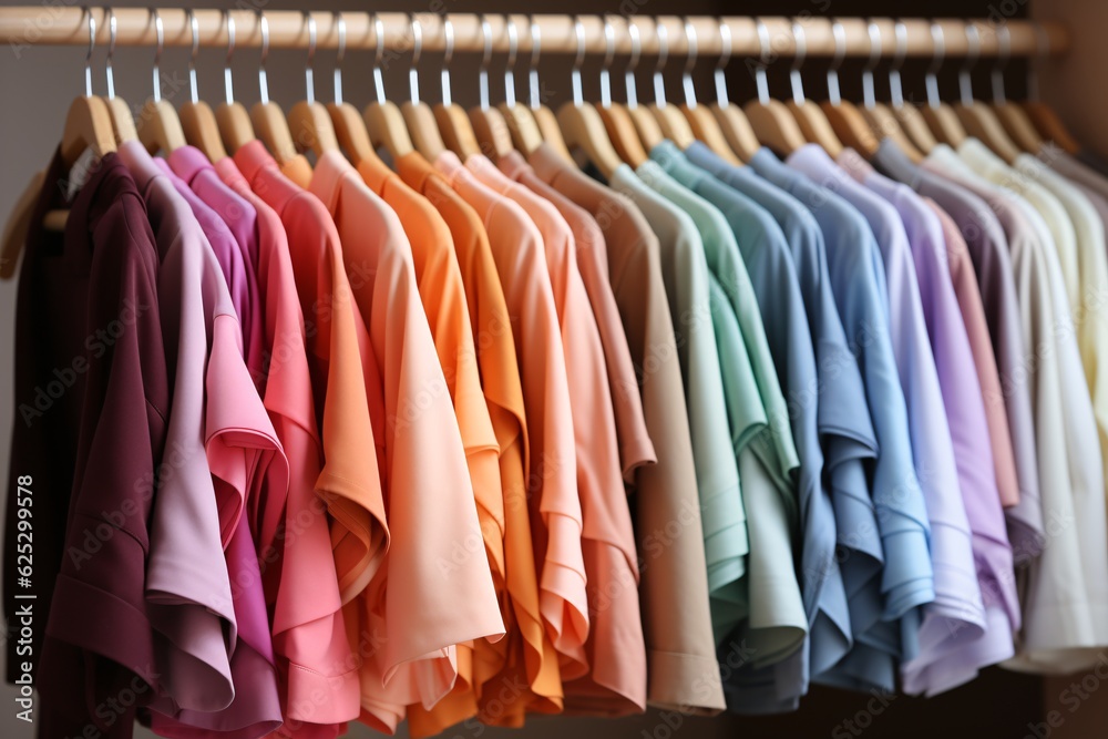 Fashion clothes on clothing rack - bright colorful closet. Summer home ...