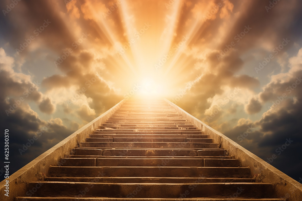 God is great, ascending stairs to the sun, bright heavenly light ...