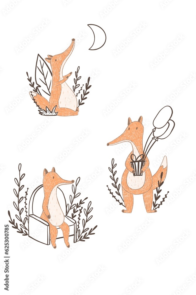 Fox. children's illustration. A tall fox cub with a long nose and a big ...