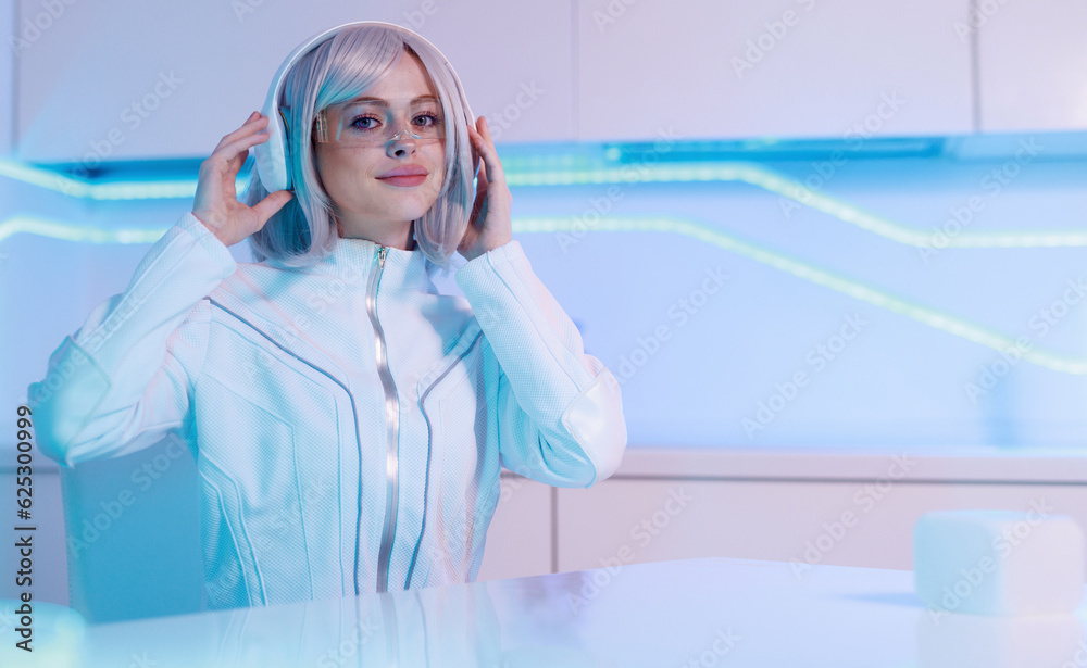 Woman in futuristic costume. Female in modern VR glasses interacting ...