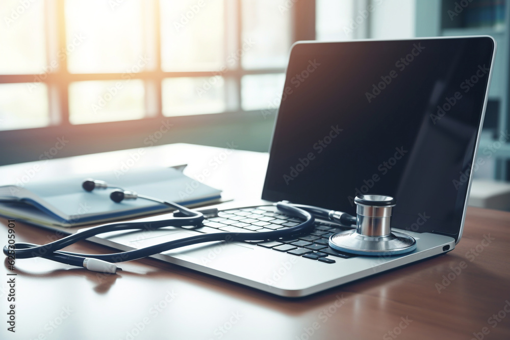laptop computer, stethoscope and patient information document on desk ...