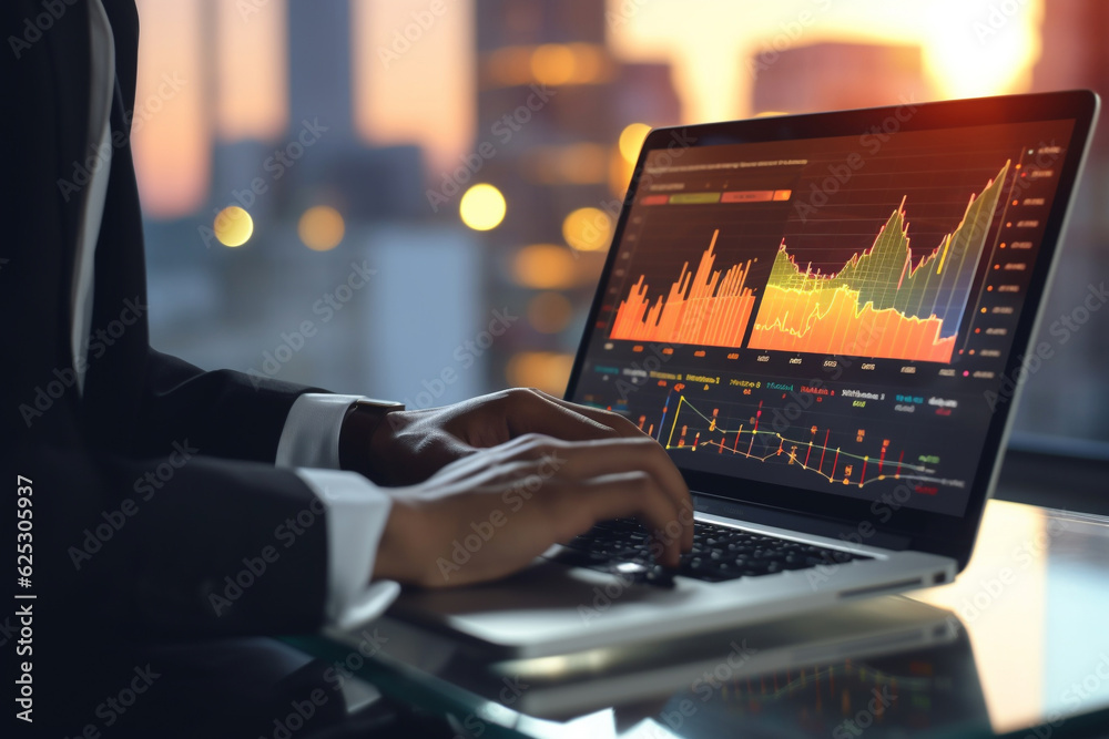 businessman investor working on laptop computer financial with graphic ...
