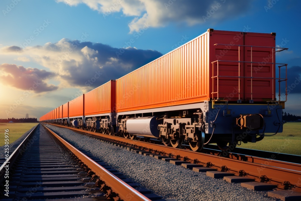 Freight train with cargo containers. Cargo train platform. Train wagons carrying cargo ...