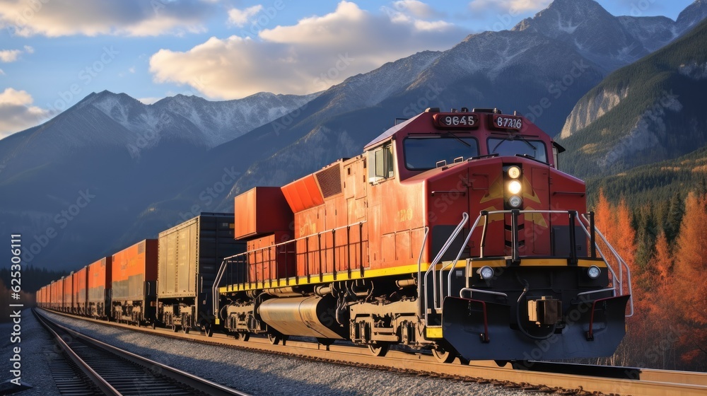 Freight train with cargo containers. Cargo train platform. Train wagons ...