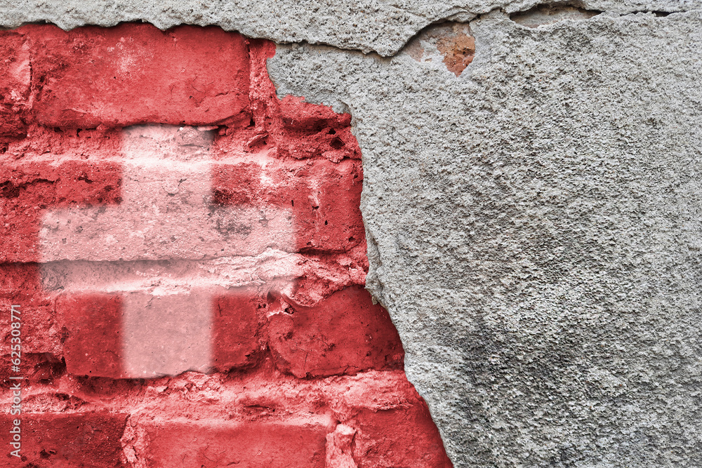 Flag of Switzerland on brick wall. Swiss National Day. Swiss Flag red ...
