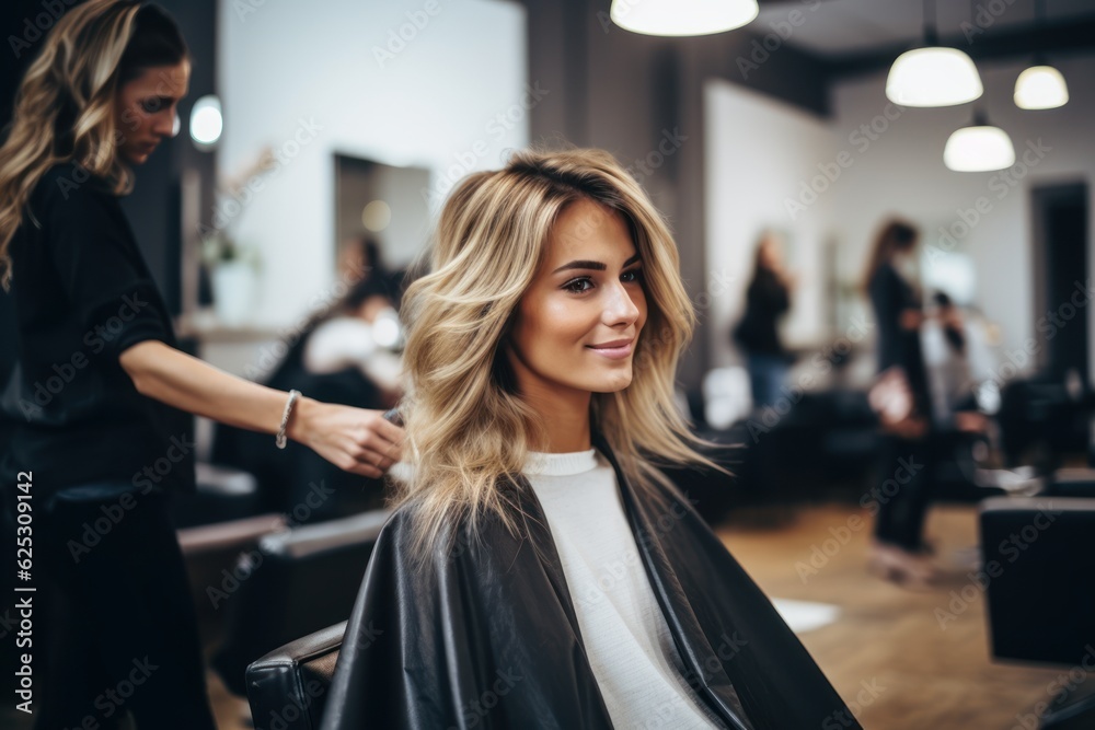 a beautiful blonde model woman in the hairdresser salon gets a new ...