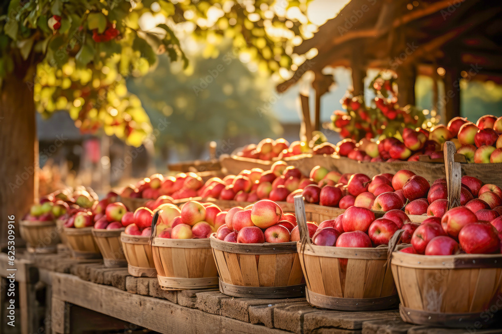 Apple season in full swing, with baskets of apples in an apple orchard ...