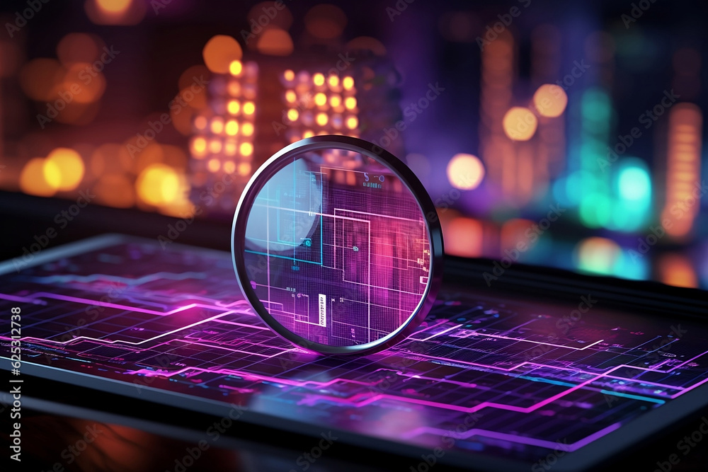 Data analysis, search engine optimization or SEO. magnifier, charts ...