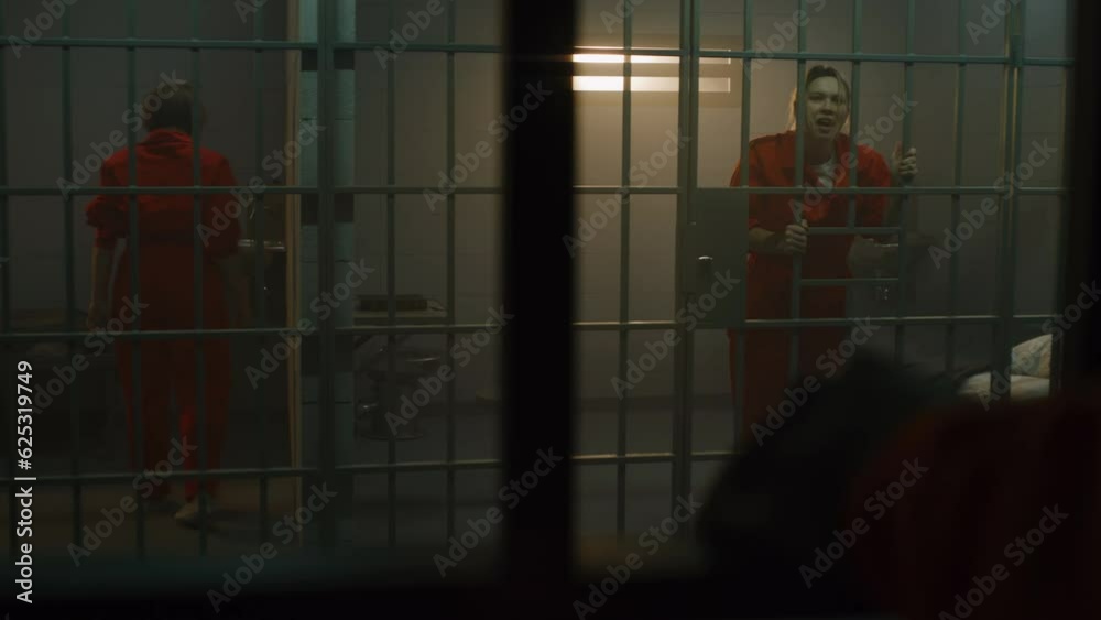 Vidéo Stock Aggressive female prisoner in orange uniform yells at ...