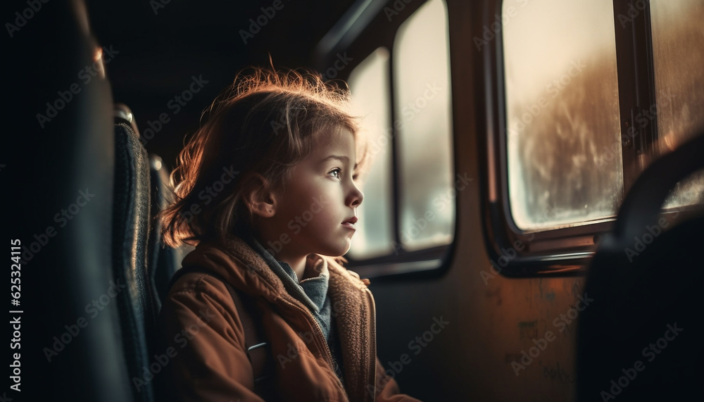 Cute Caucasian child sitting inside car, looking through window on ...