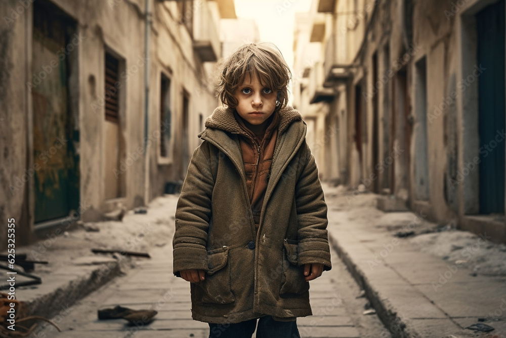 Orphan child. Abandoned street children, homeless, orphans. Lonely and ...