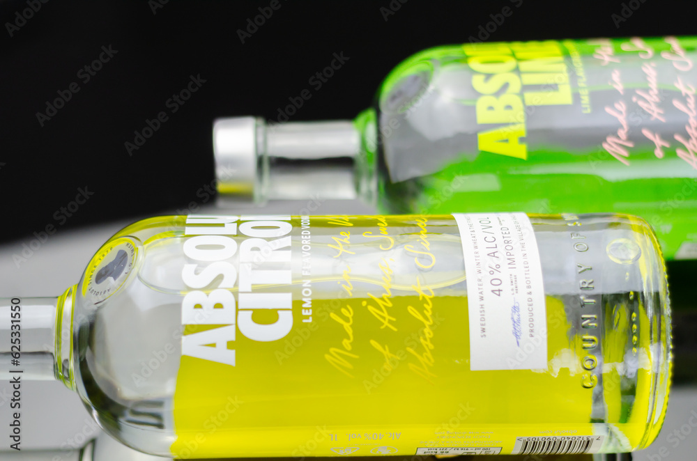 LONDON, UK - 11 JULY 2023 Absolut Vodka Lime and Absolut Vodka Citron ...