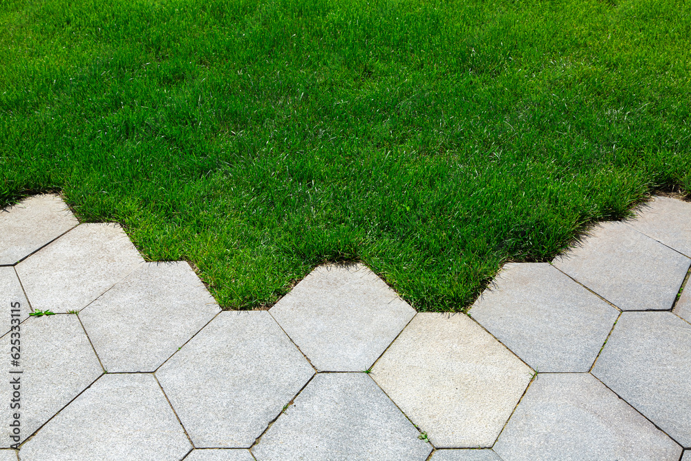pavement with concrete tiles honeycomb pattern and green lawn lit by ...