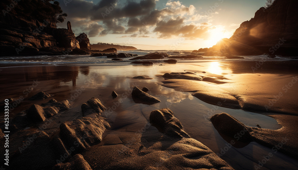 Tranquil sunset over rocky coastline, water reflects natural beauty generated by AI Stock ...
