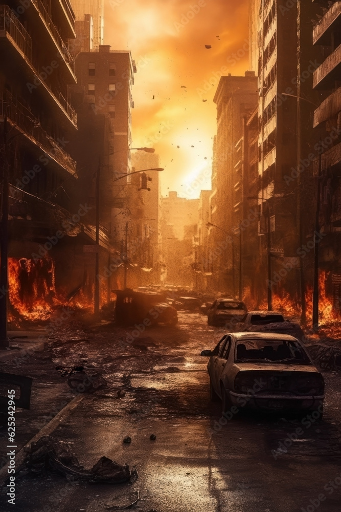 city street with tall buildings being consumed by fire. Stock ...