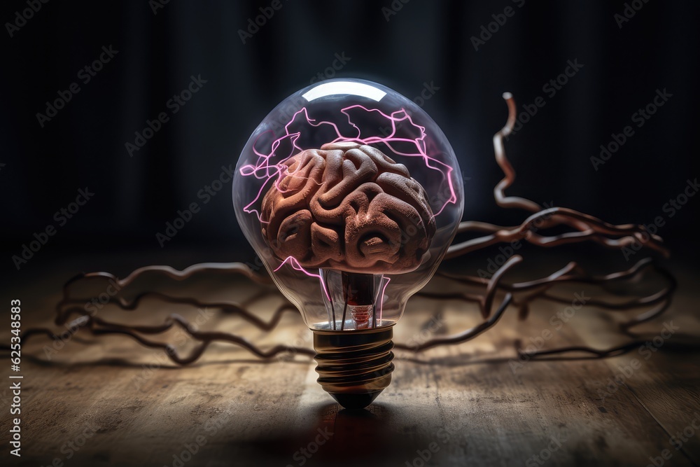 Purple human brain light bulb, long-term memory, violet storage of ...