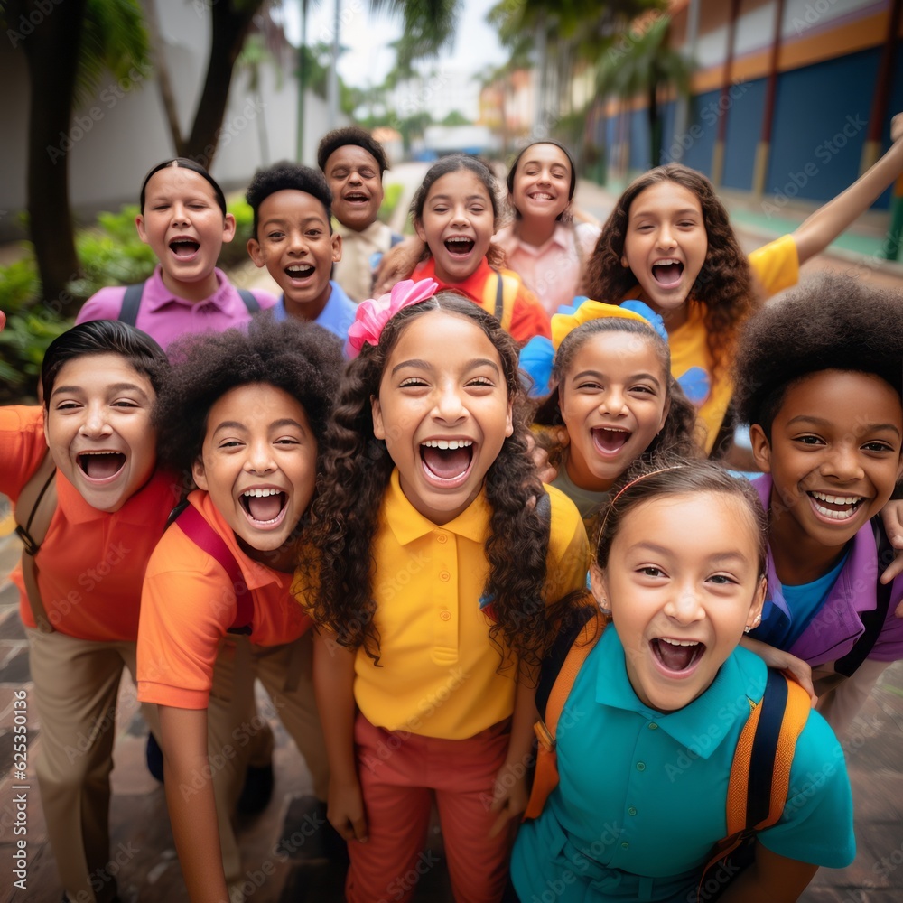 First Day Frenzy: Smiling Kids Reunite After Holidays.Excited Reunion: Happy Kids Eager to Start ...