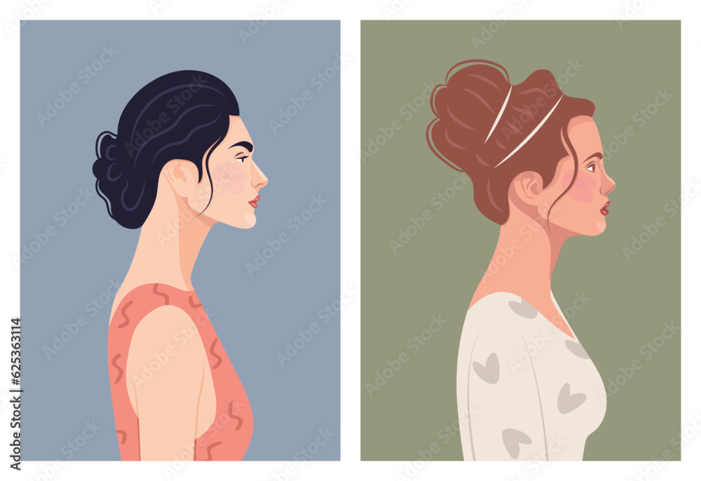 Set of diverse female face portraits of different ethnicity, hairstyles ...