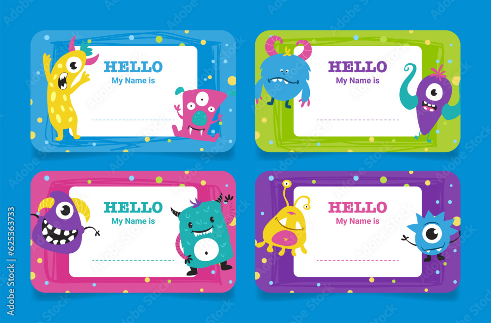 Vetor de Name tag for kids with funny aliens monster character and ...