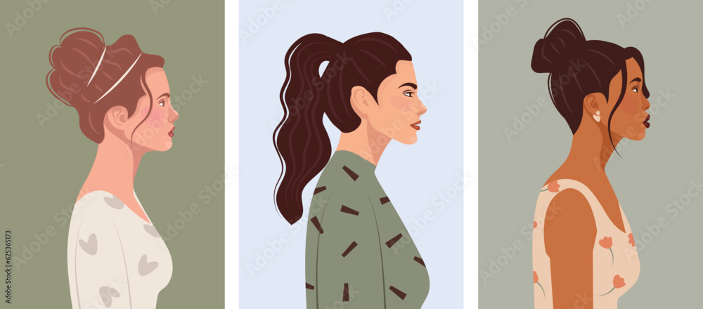 Set of diverse female face portraits of different ethnicity, hairstyles ...