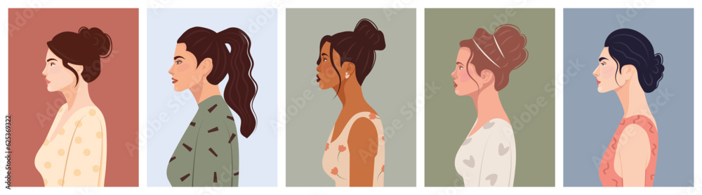 Set of diverse female face portraits of different ethnicity, hairstyles ...