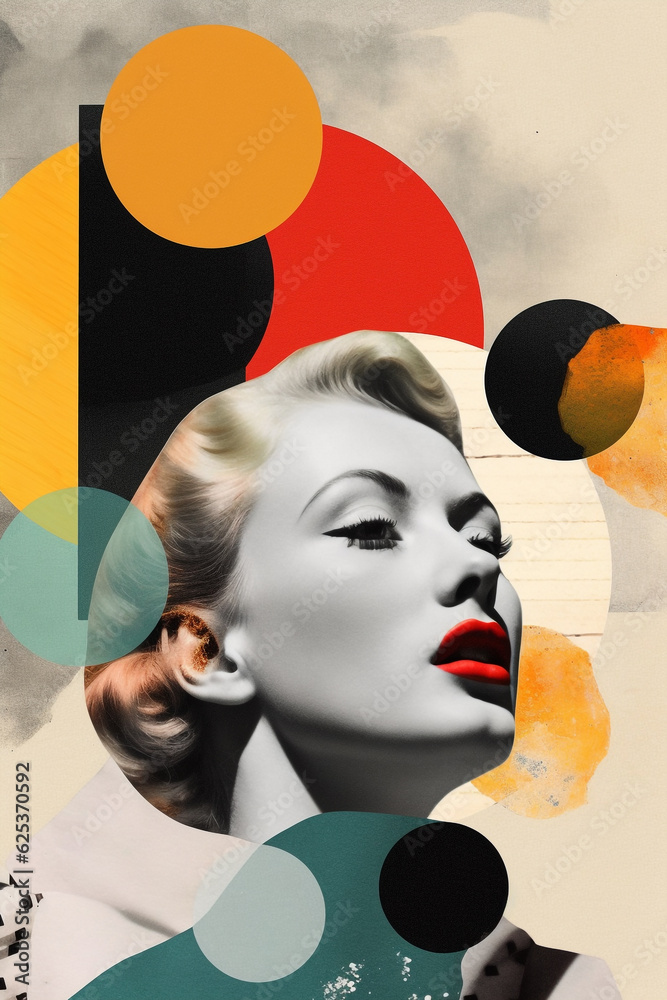 Modernist collage of a 1950s woman's face in black and white with ...