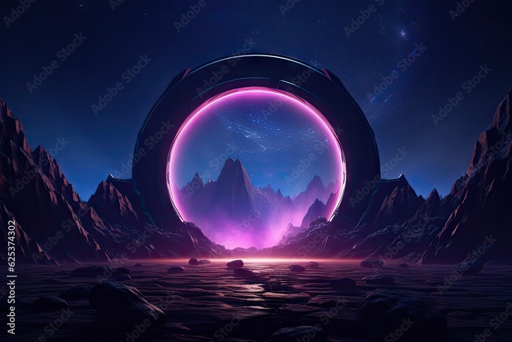 Abstract portal stone gate with neon glowing light in the dark space ...