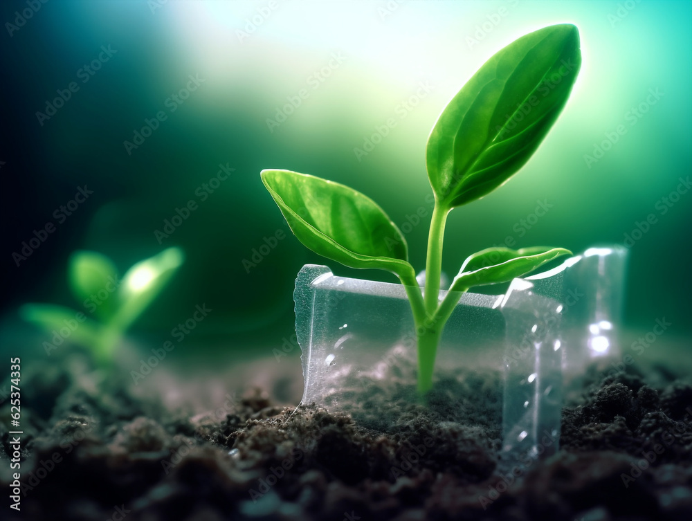 protect green fragile seedling. Symbology of life, birth of plant from ...