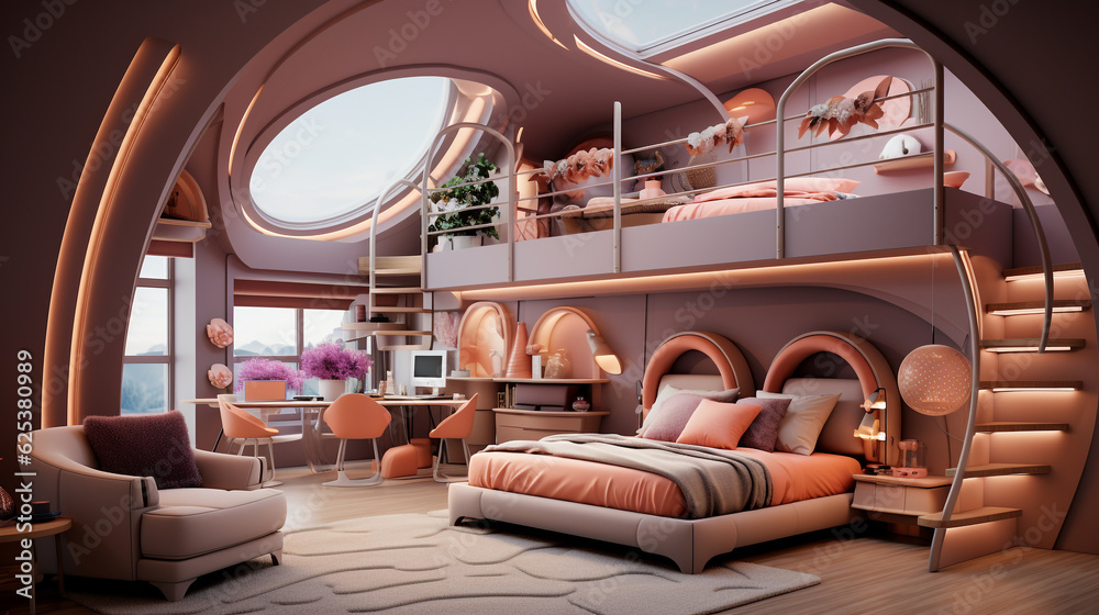 Large bed, futuristic bedroom with round window, armchair and ladder, 3D rendering, pink orange ...