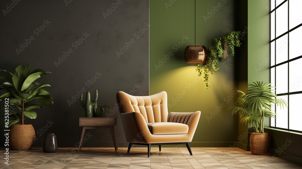 Elegant yellow velvet chair next to a large window. Living room, Ai ...