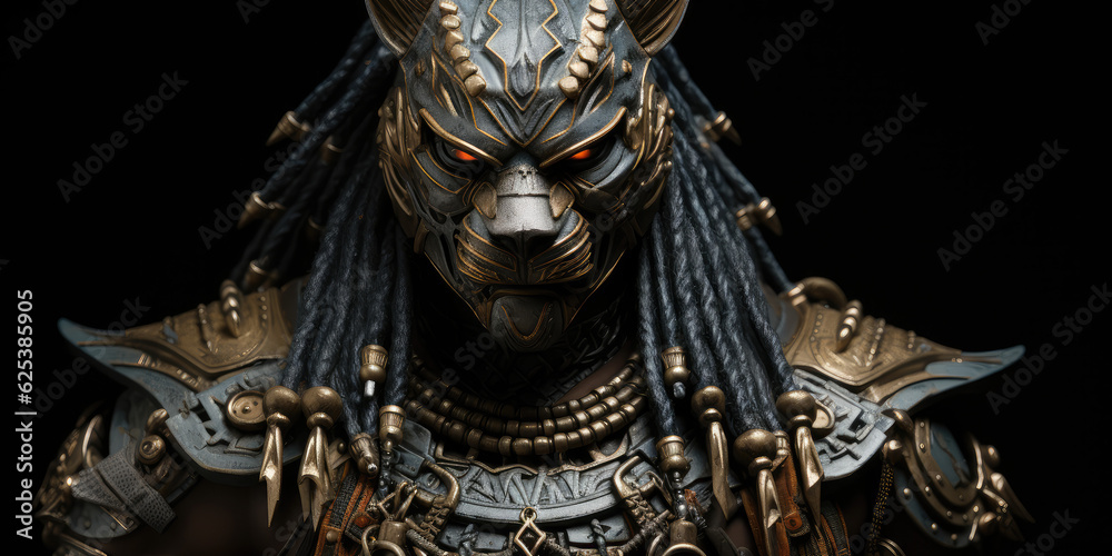 fierce african tribe warrior wearing hyena mask with samurai armor ...