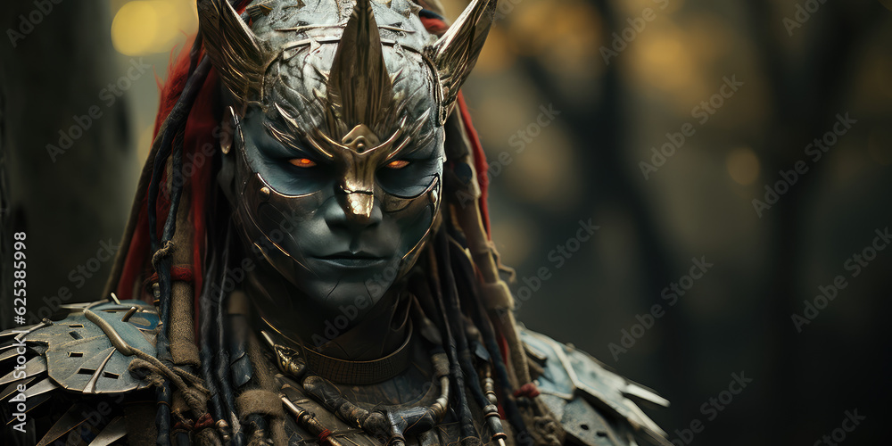 fierce african tribe warrior wearing hyena mask with samurai armor ...