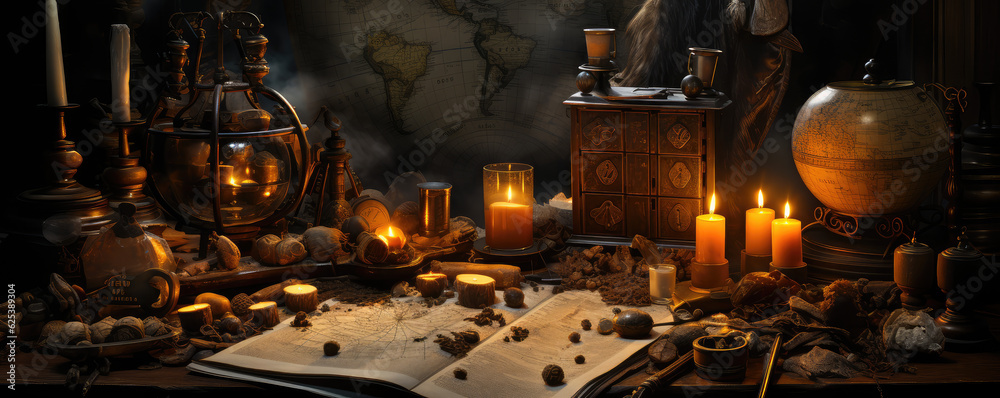 pirate captains desk with map and different tools, lit by oil lamps ...