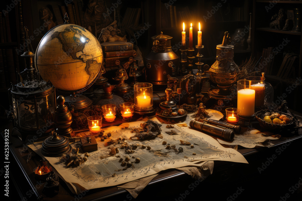 pirate captains desk with map and different tools, lit by oil lamps ...
