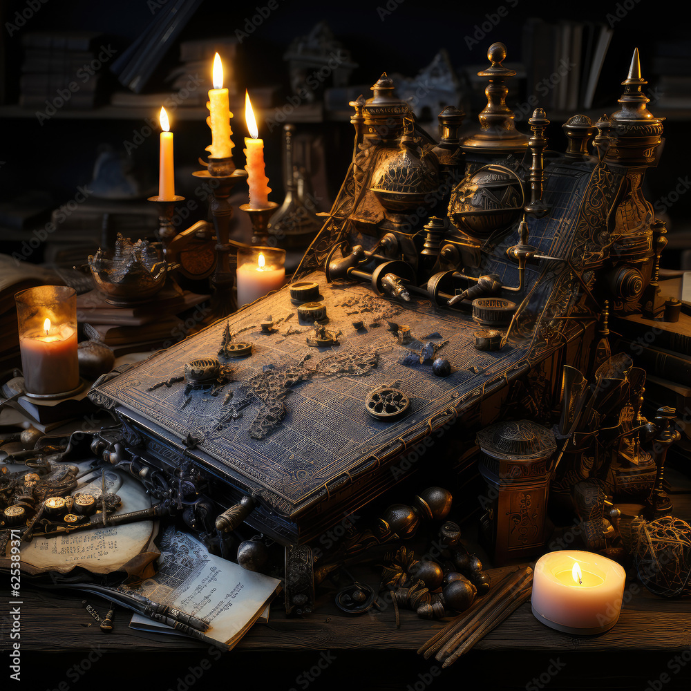 pirate captains desk with map and different tools, lit by oil lamps ...